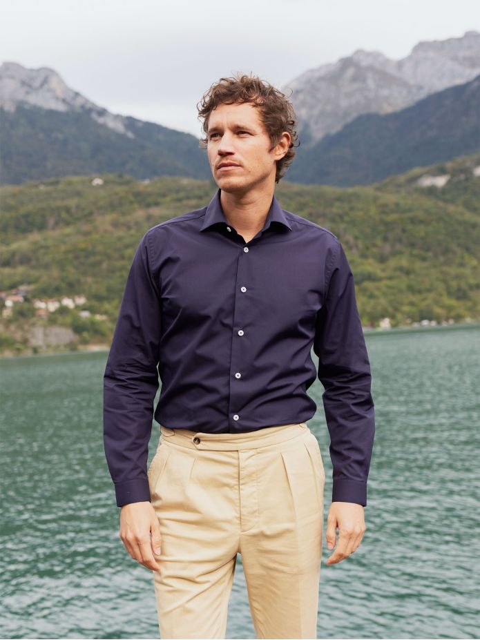 Chemise col italien classique - popeline bleu marine